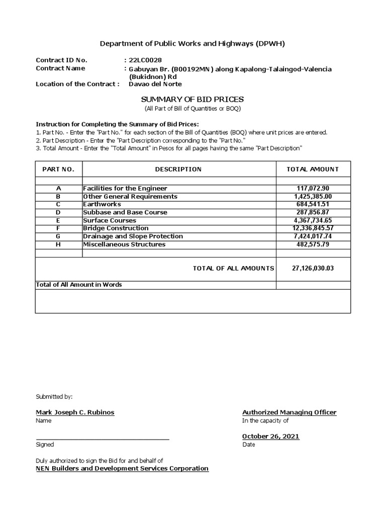 Summary of Bid Prices: Department of Public Works and Highways (DPWH ...