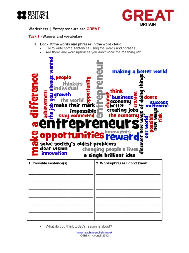 Entrepreneurs Are Great Worksheets Updated | PDF | Entrepreneurship ...