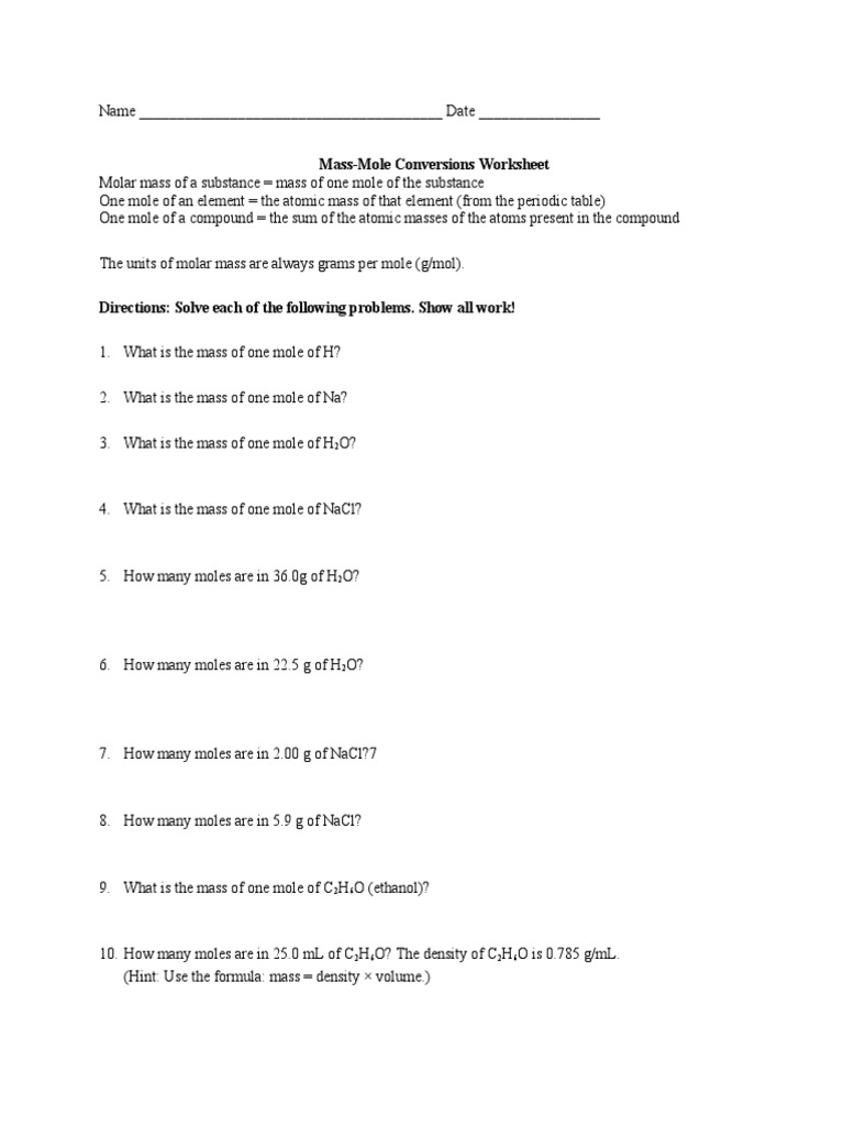 Mass-Mole Conversions Worksheet | PDF