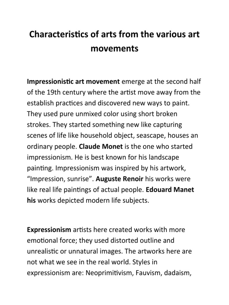 Characteristics of Arts From The Various Art Movements: Impressionistic ...