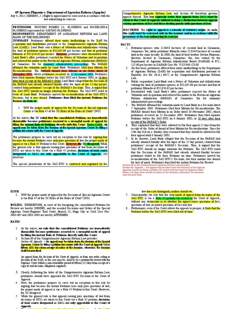 69 Spouses Plopenio v. Department of Agrarian Reform | PDF | Appeal ...