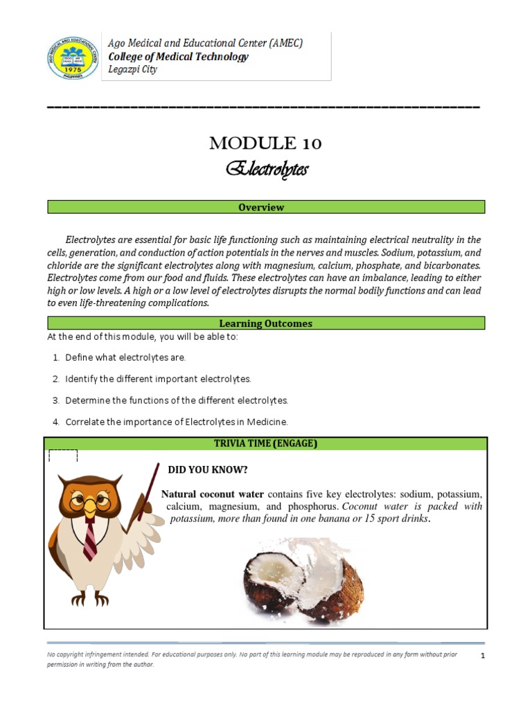 Biochemistry-Module 10 (Electrolytes) | PDF | Electrolyte | Clinical ...