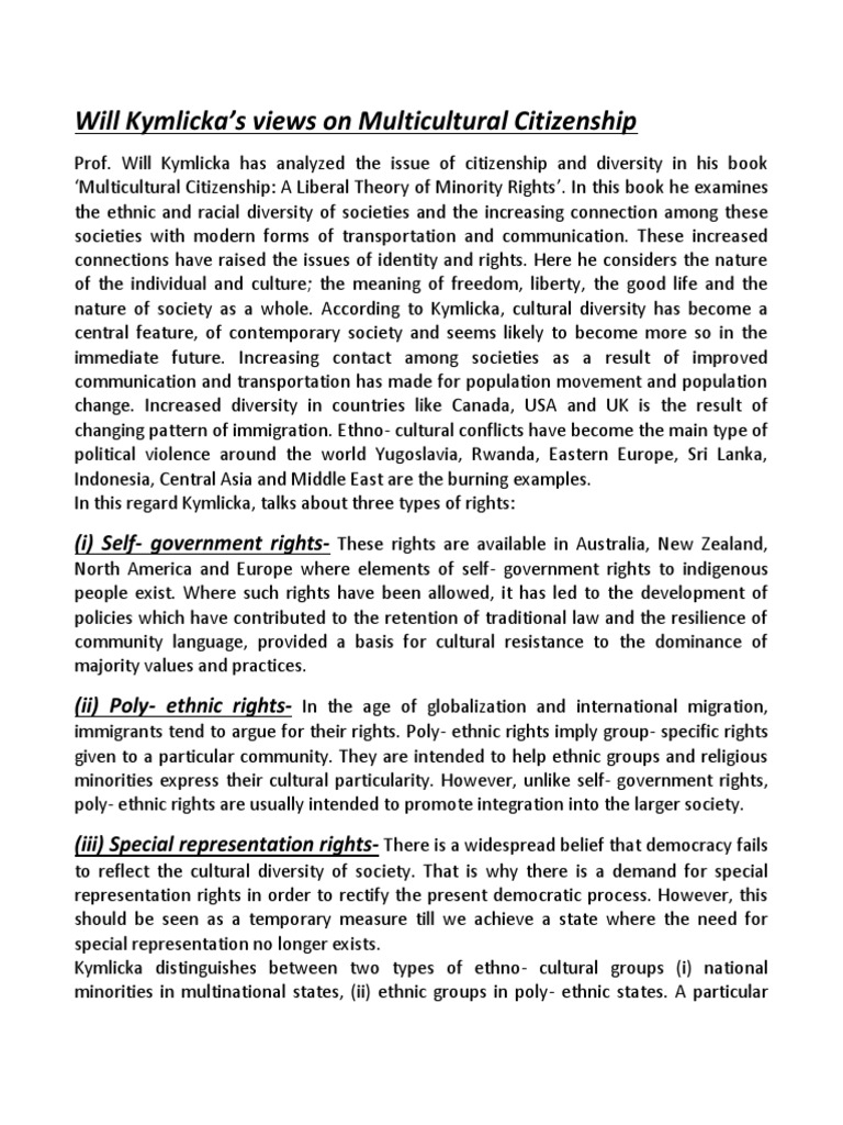 Will Kymlicka's Views On Multicultural Citizenship: (I) Self-Government ...