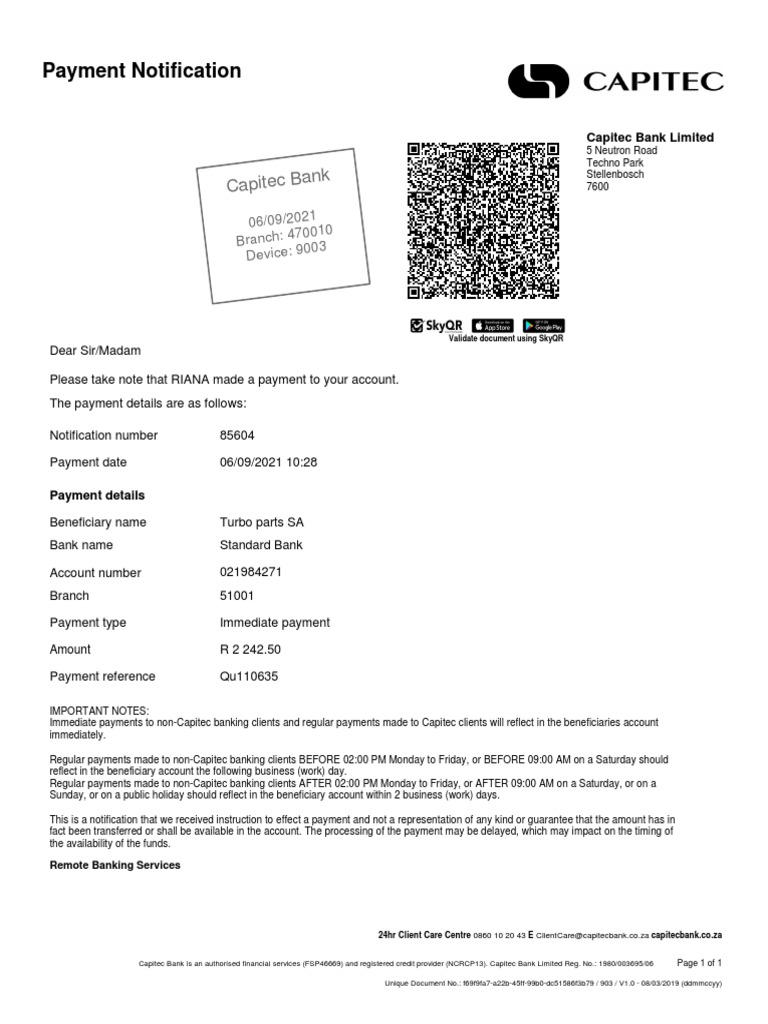 Payment Notification: Capitec B Ank | PDF | Payments | Banks