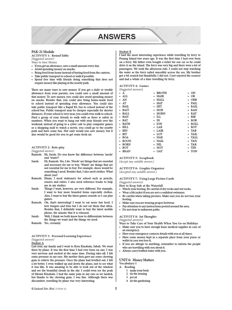 Modul Aktiviti Pintar Bestari English Form 2 Answers | PDF