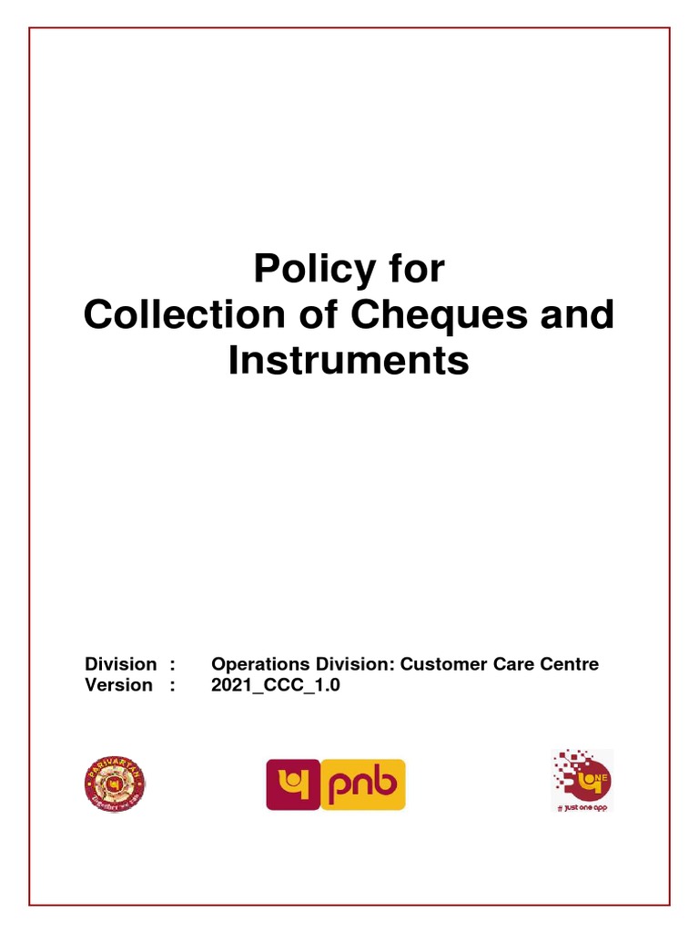 Policy For Collection of Cheques and Instruments: Division: Operations ...