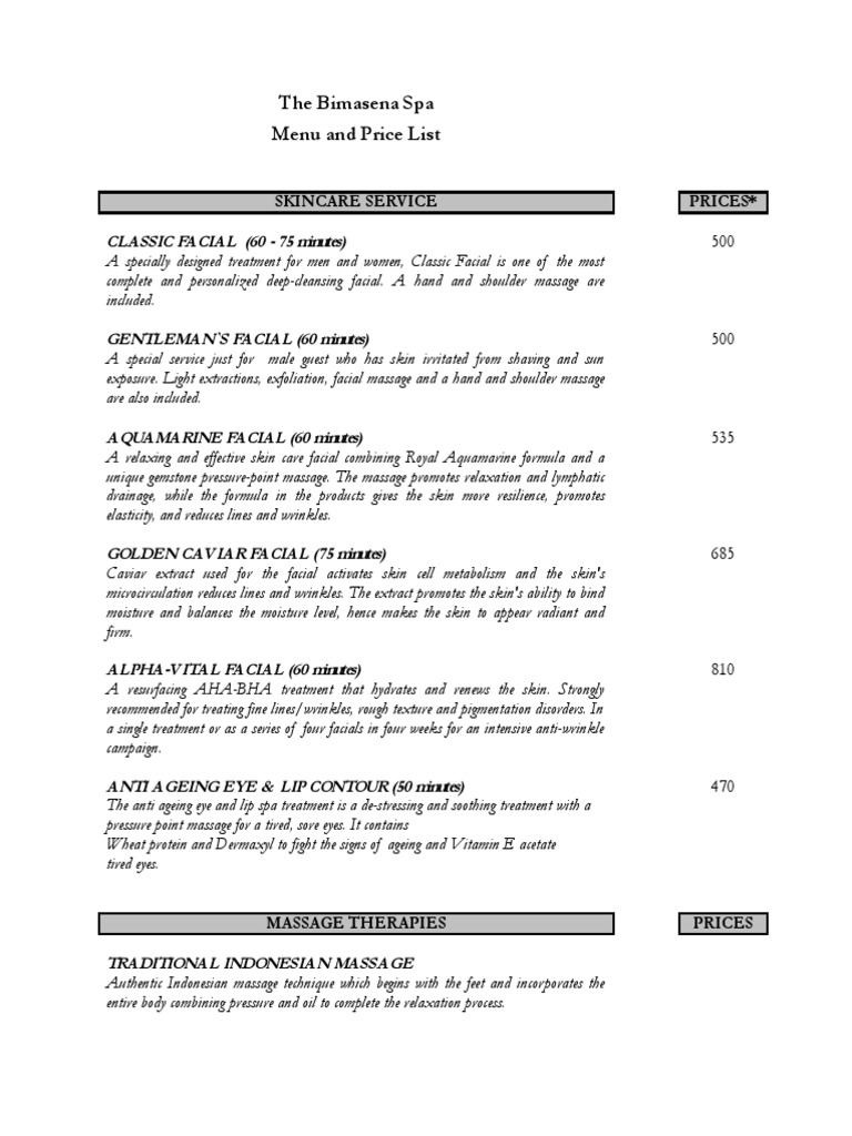 Bimasena Menu-And-Price-List | PDF | Massage | Skin Care
