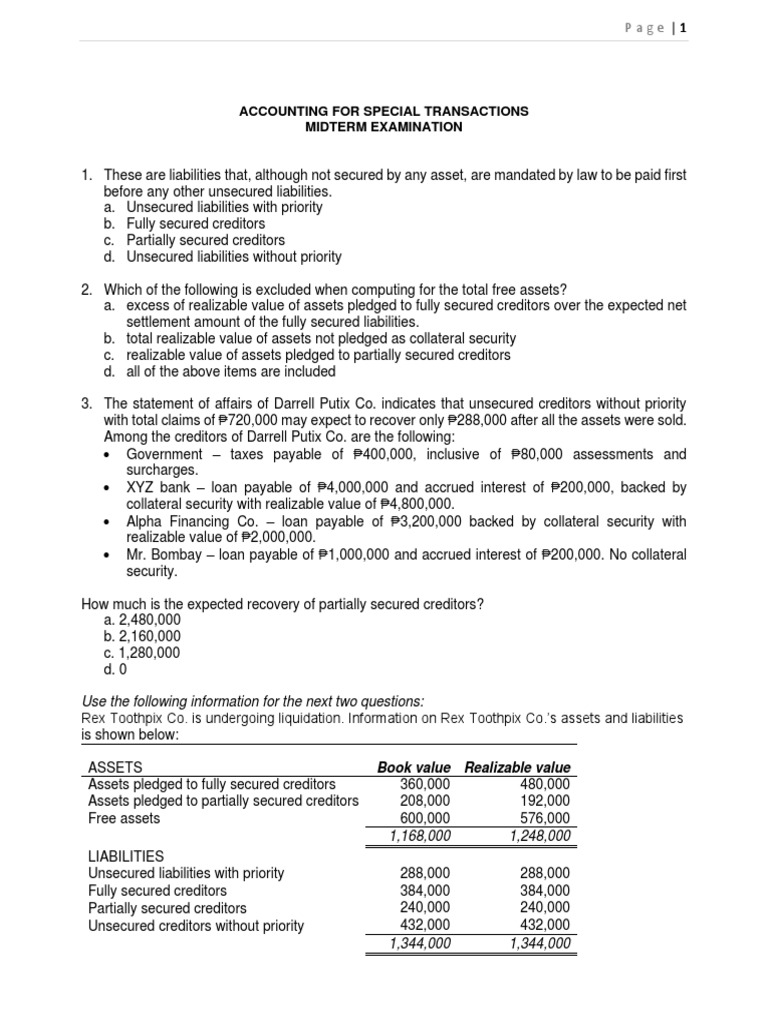 Accounting For Special Transactions Midterm Examination: Use The Following Information For The ...