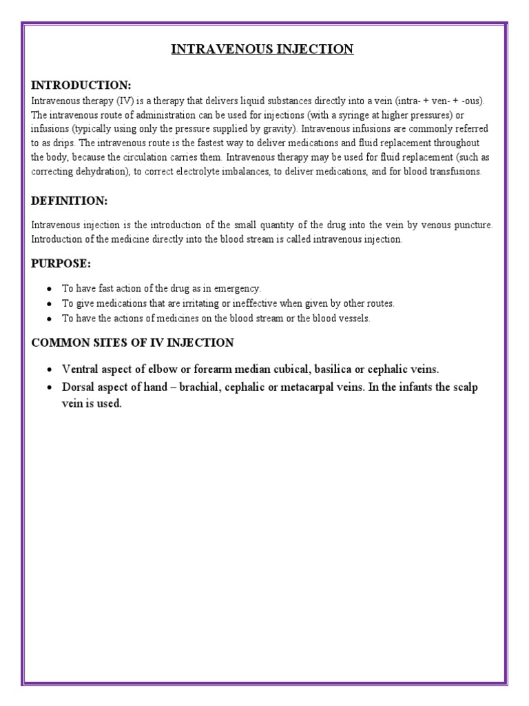IV Injection | PDF | Intravenous Therapy | Injection (Medicine)