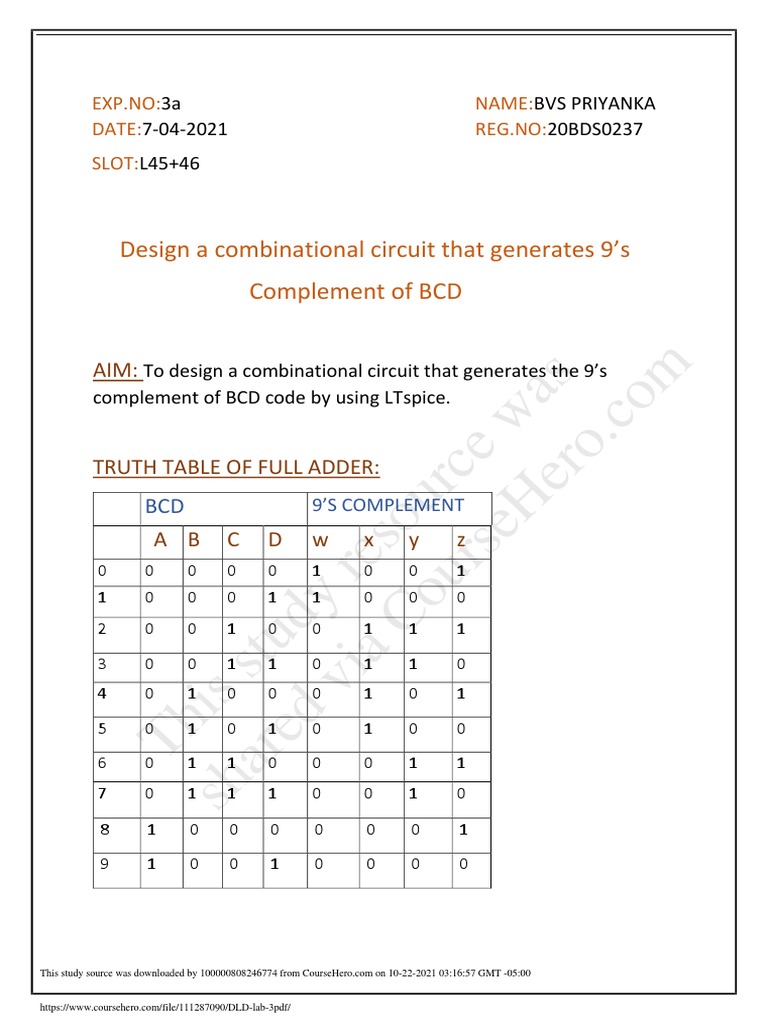 This Study Resource Was: Design A Combinational Circuit That Generates ...