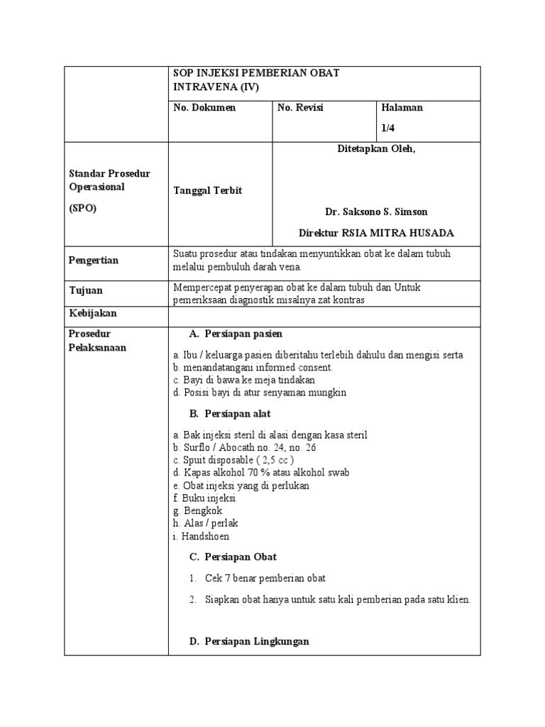 (Perina-Devi) Sop Injeksi Pemberian Obat Iv | PDF