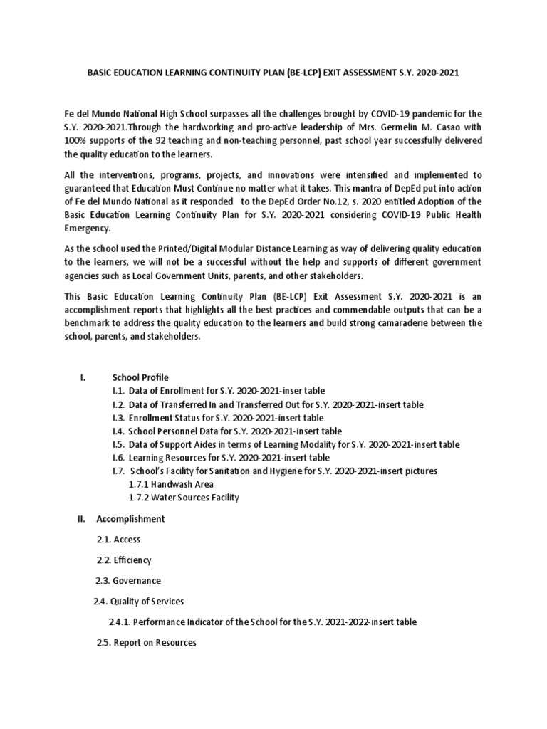 Basic Education Learning Continuity Plan (Be-Lcp) Exit Assessment S.Y. 2020-2021 | PDF ...