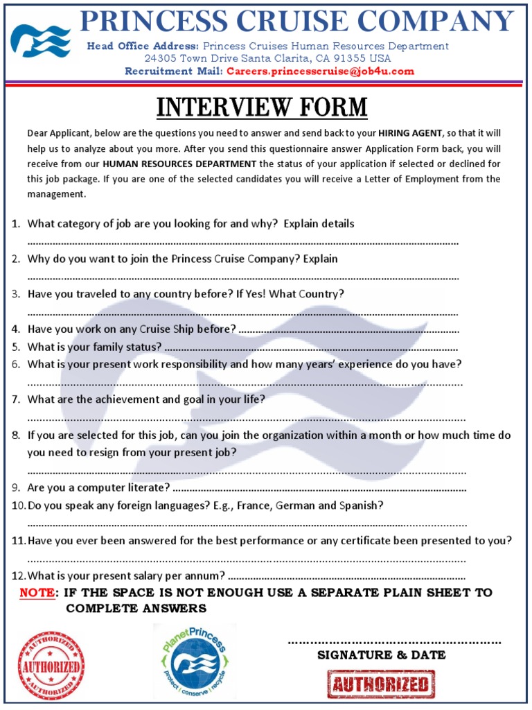 Princess Cruise Interview Form | PDF