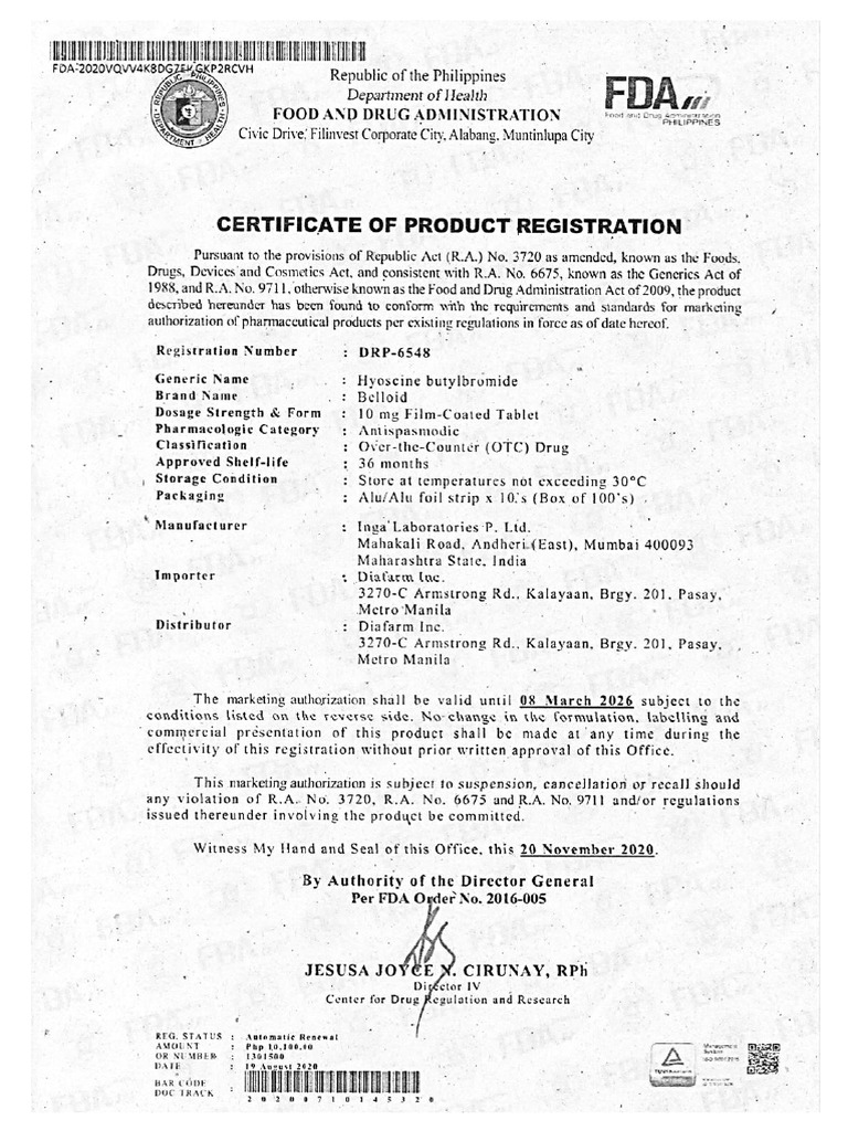 Hyoscine 10MG Tab (Belloid 3-8-2026) | PDF