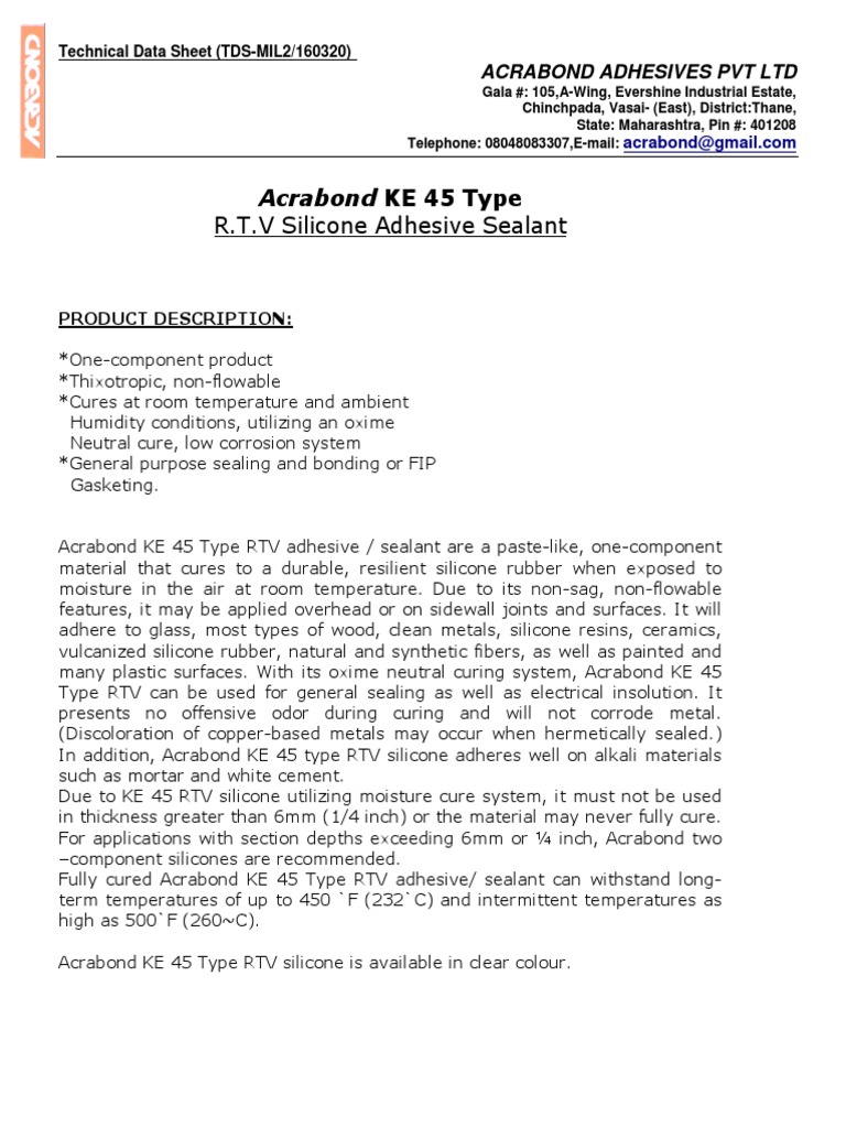 Acrabond KE 45 RTV Silicone Overview | PDF | Silicone | Adhesive