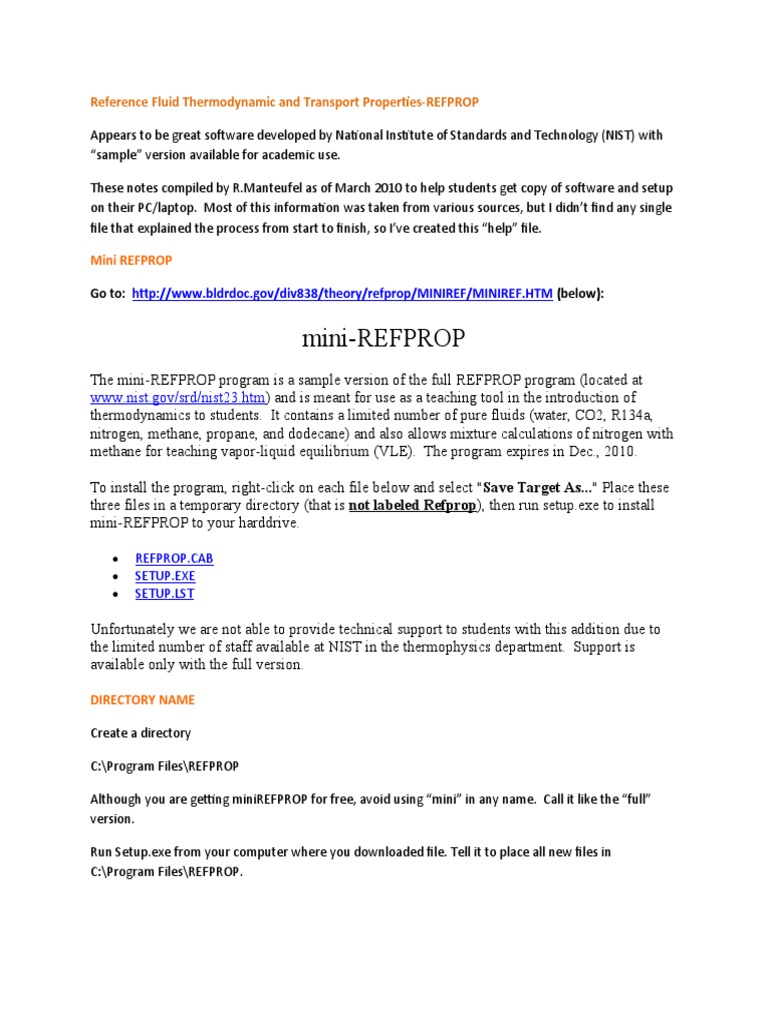 mini-REFPROP: Reference Fluid Thermodynamic and Transport Properties-REFPROP | PDF | Microsoft ...