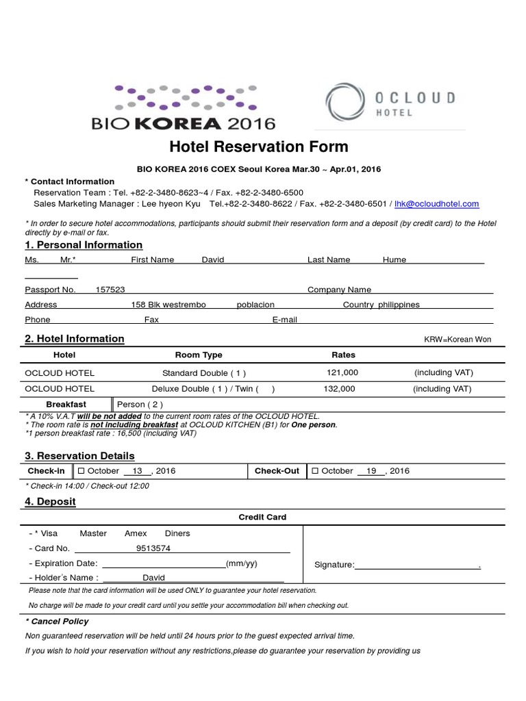 Hotel Reservation Form: 1. Personal Information | PDF | Credit Card | Service Industries