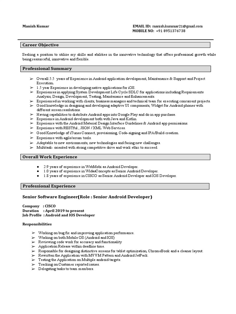 Career Objective: Manish Kumar | PDF | Android (Operating System) | Mobile App