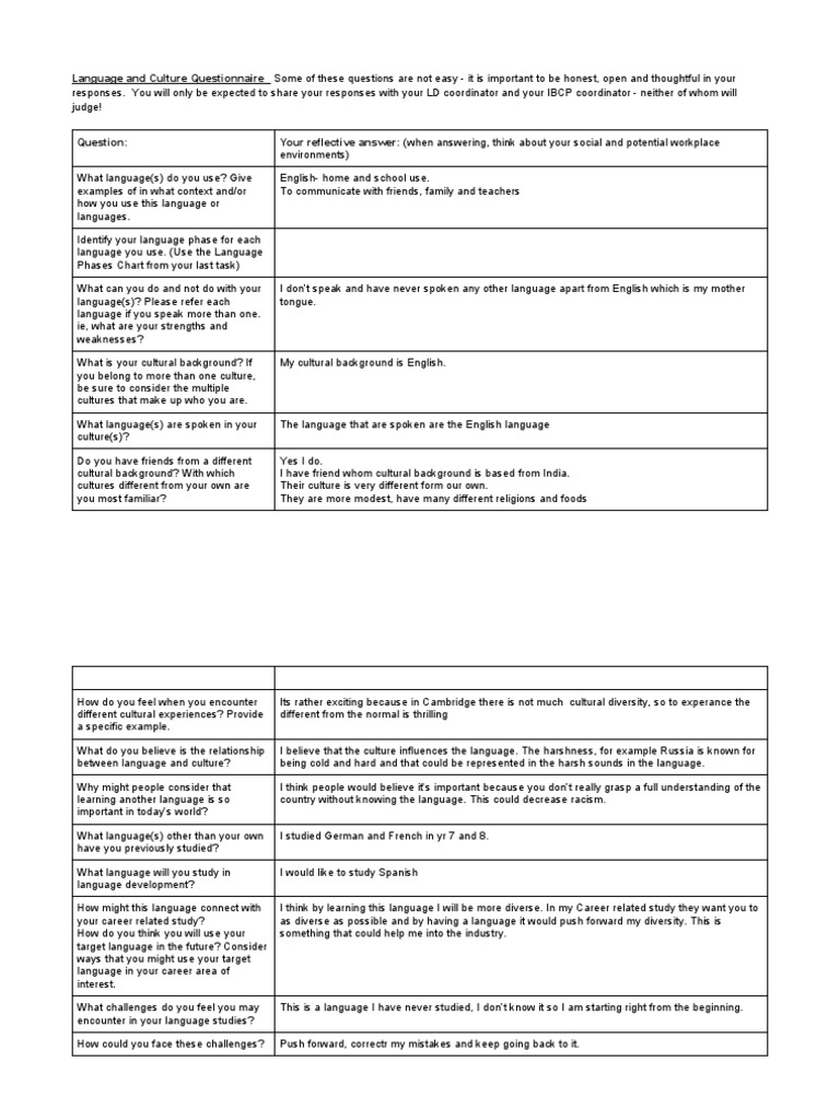 Language and Culture Questionnaire 1 | PDF | English Language | Cognition