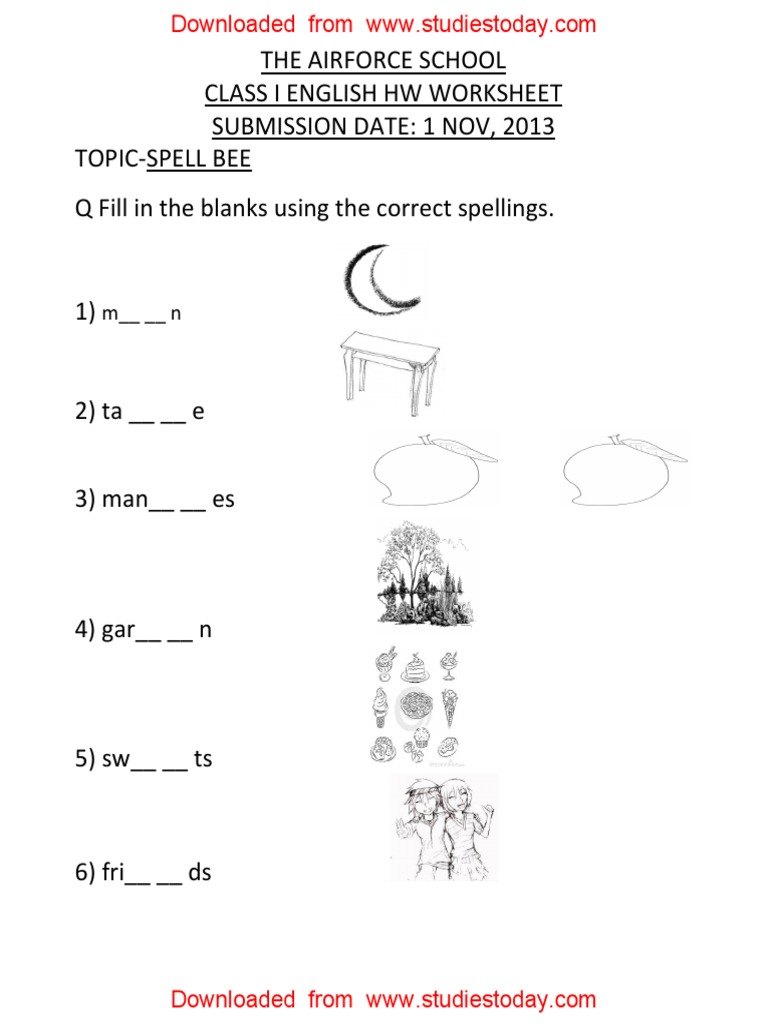 Class 1 Spell Bee Worksheet | PDF