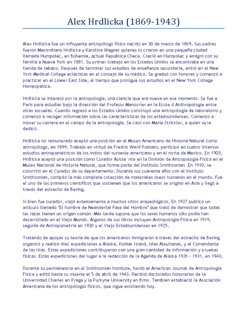 Alex Hrdlicka (1869-1943): Un pionero influyente en la antropología ...