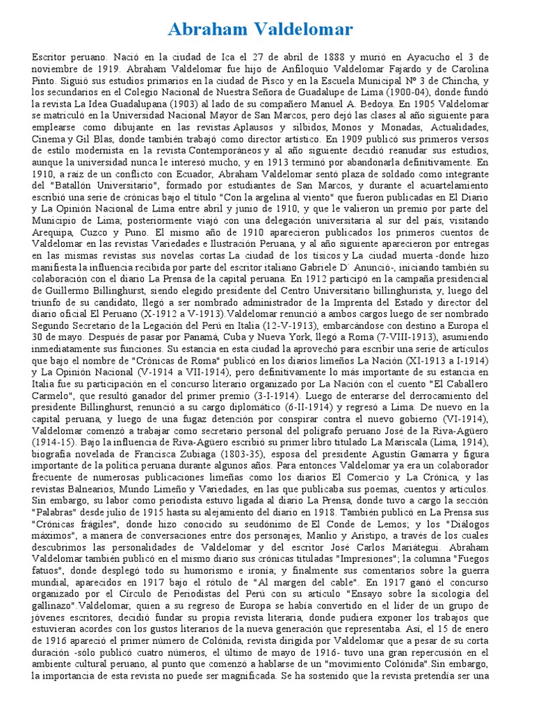 Biografía de Abraham Valdelomar | PDF | Historia | Clásicos