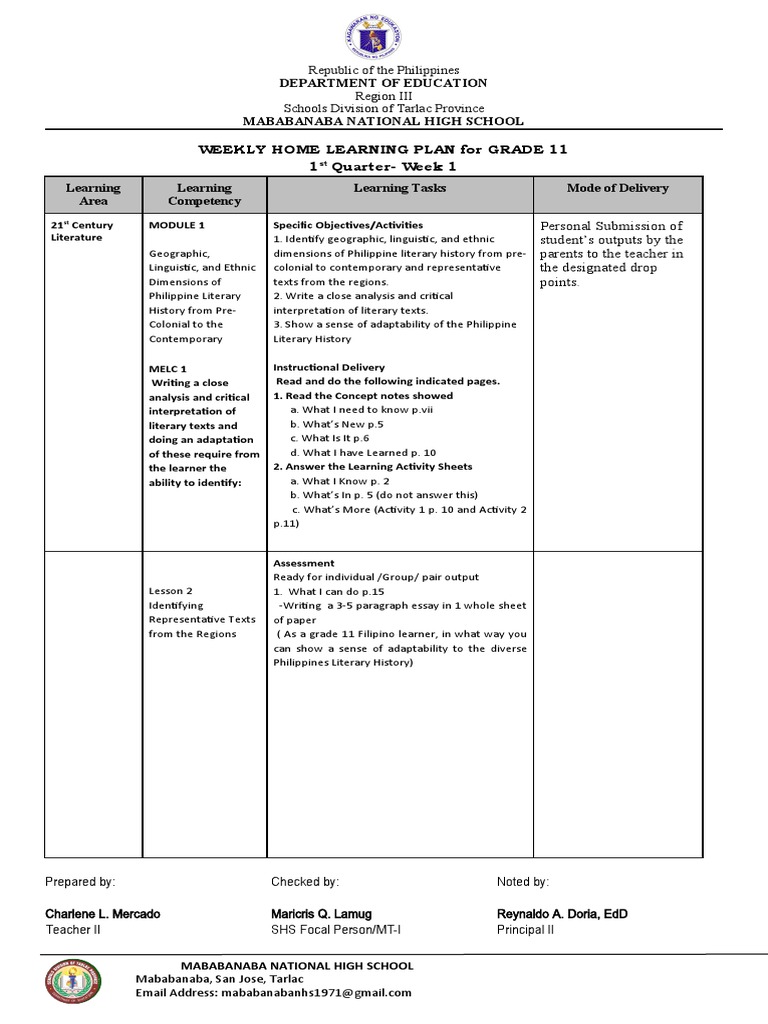 Weekly Home Learning Plan For Grade 11 1 Quarter-Week 1 | PDF ...
