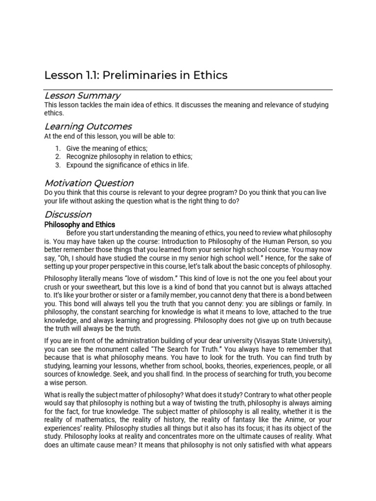 Lesson 1 1 Ethics Preliminaries 1 Pdf Morality Truth