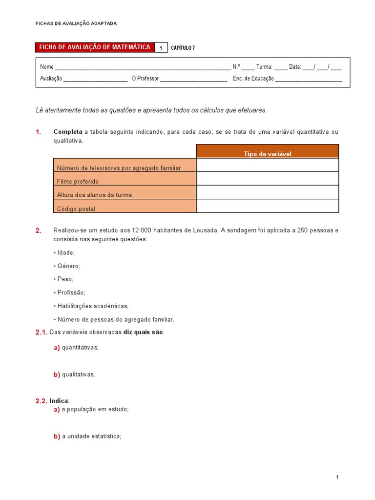 Mat6 Ficha Avalia Adaptada7 | PDF | Amostragem (Estatística) | Método ...