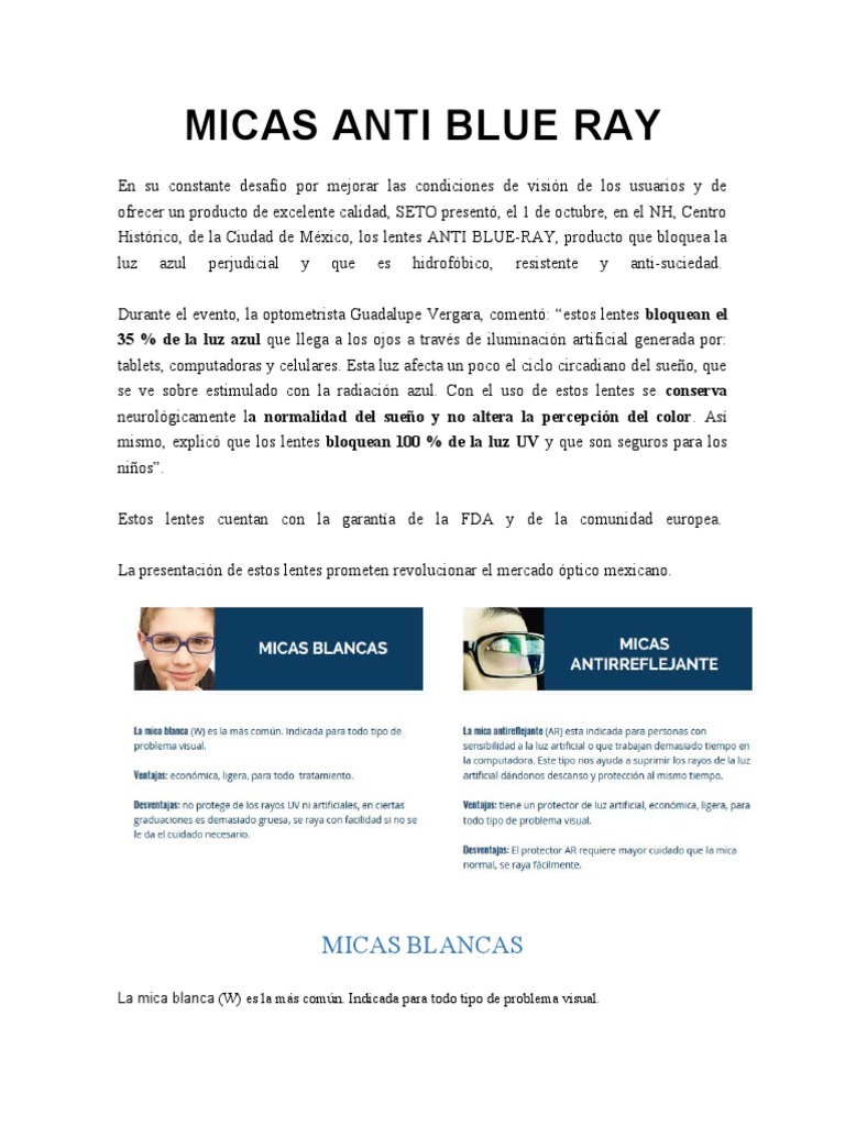 Micas Anti Blue Ray | PDF | Lentes | Percepción visual