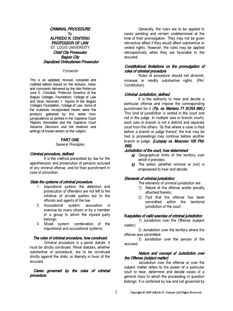 Remedial Law - CRIM PRO (Pros. Centeno) | PDF | Prosecutor | Jurisdiction