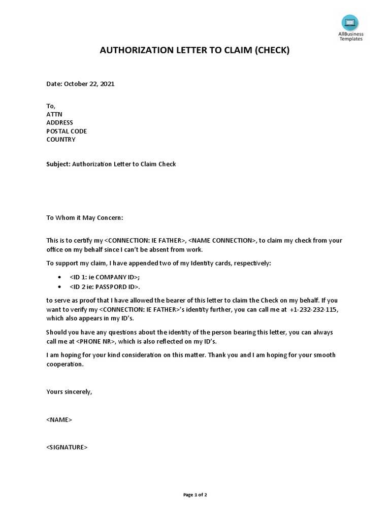 Authorization Letter To Claim Check | PDF