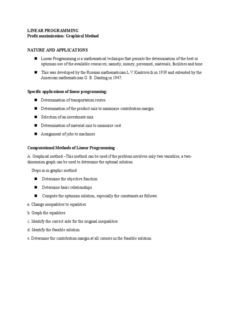 Linear Programming Profit Maximization Graphical Method Nature And Applications Pdf 2442