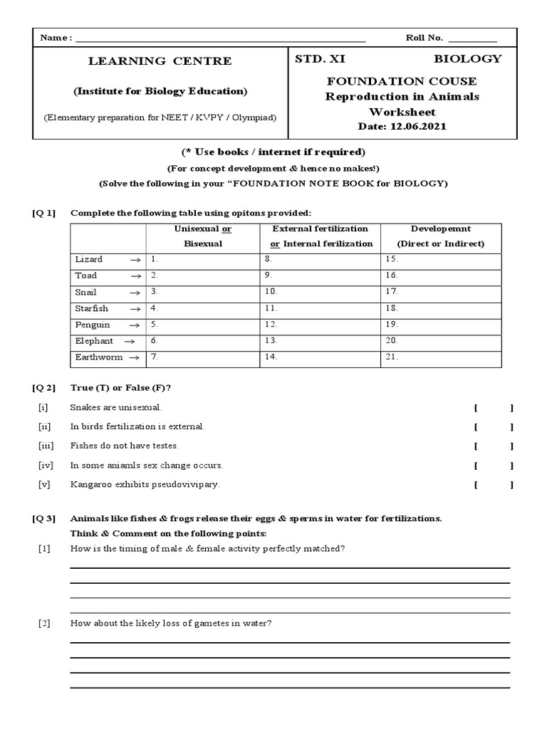 Learning Centre Std. Xi Biology Foundation Couse Reproduction in ...
