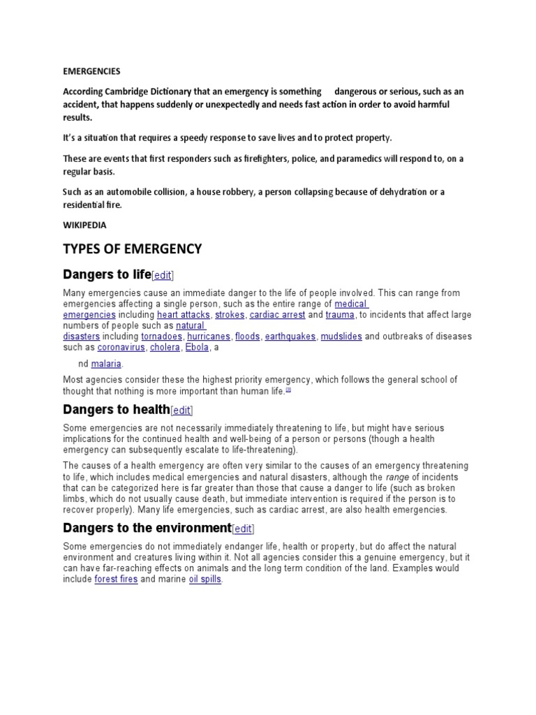 Types of Emergency: Dangers To Life | PDF | Emergency | Emergency ...
