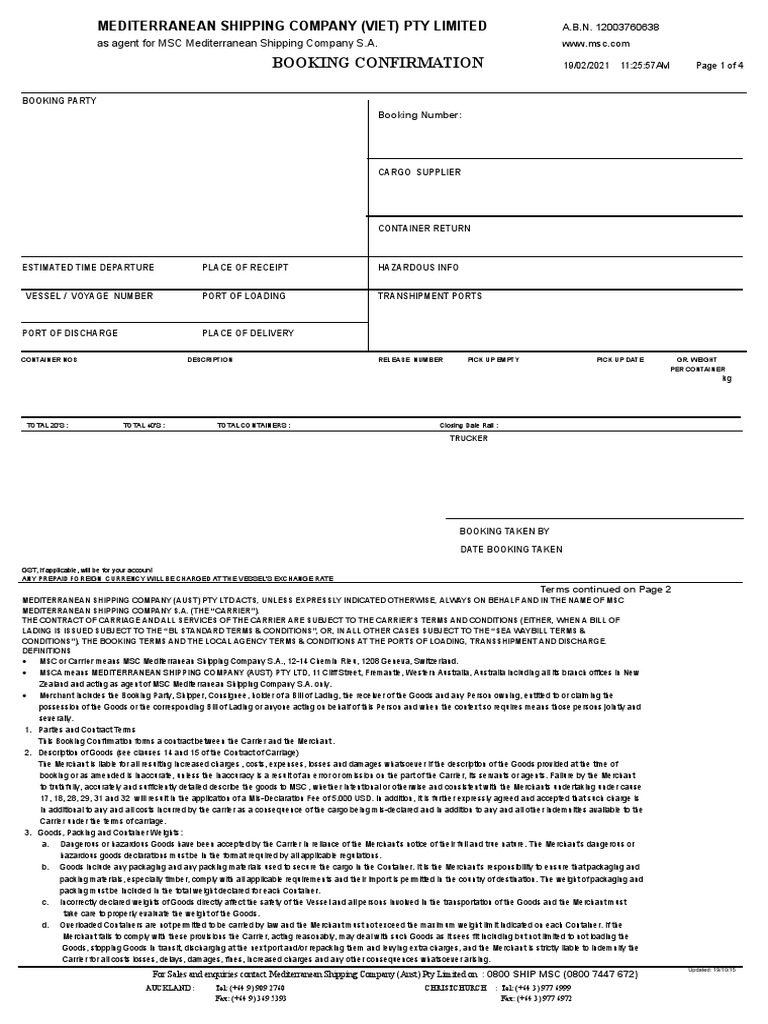 Booking Confirmation: A.B.N. 12003760638 As Agent For MSC Mediterranean ...