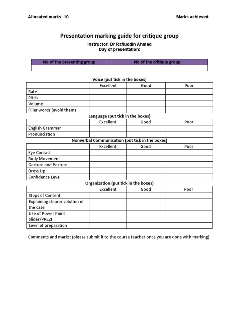 Marking Guide For Critique Group | PDF