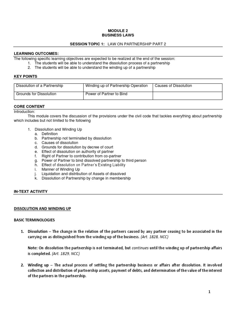 Business Law Module No. 2 | PDF | Liquidation | Partnership