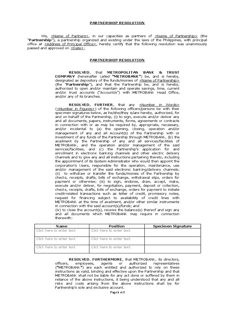 Partnership Resolution | PDF | Negotiable Instrument | Cheque