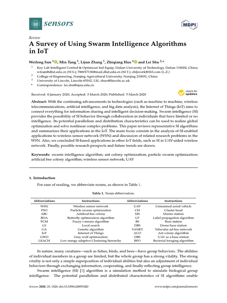 Sensors: A Survey of Using Swarm Intelligence Algorithms in Iot | PDF ...