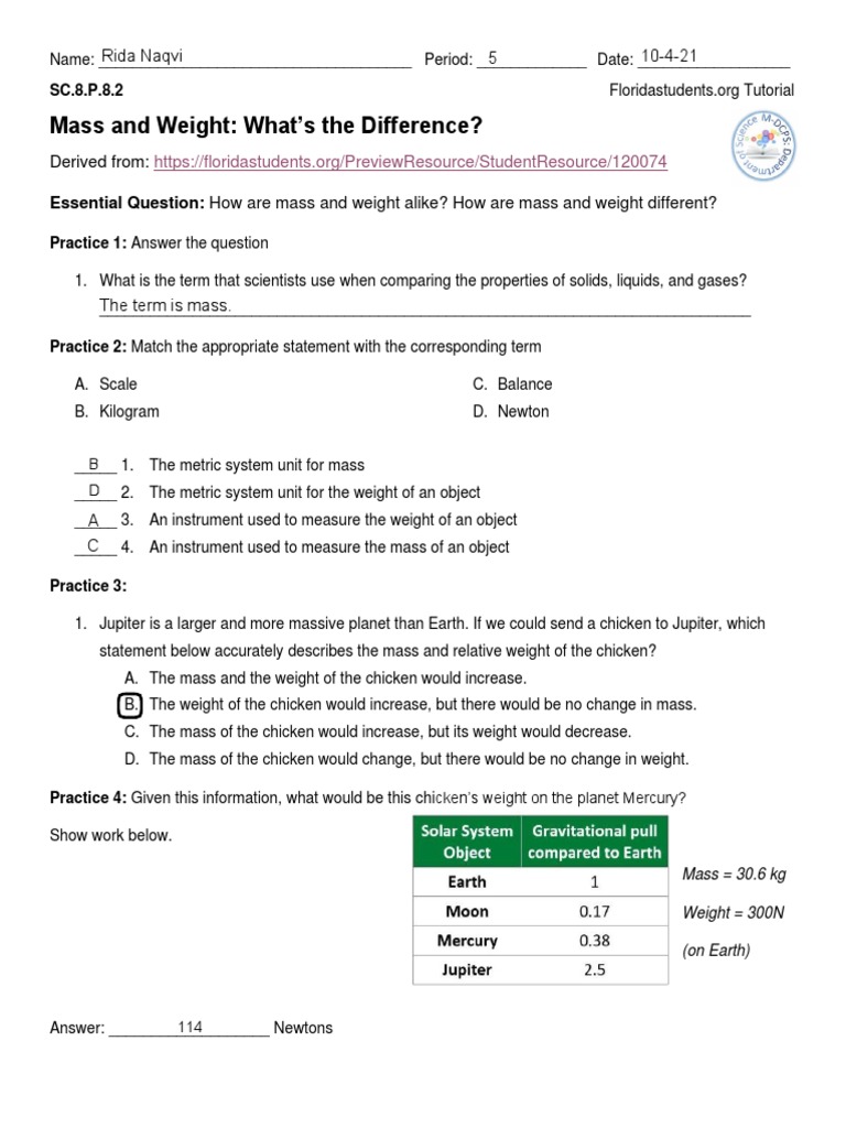 Weight And Mass Worksheet