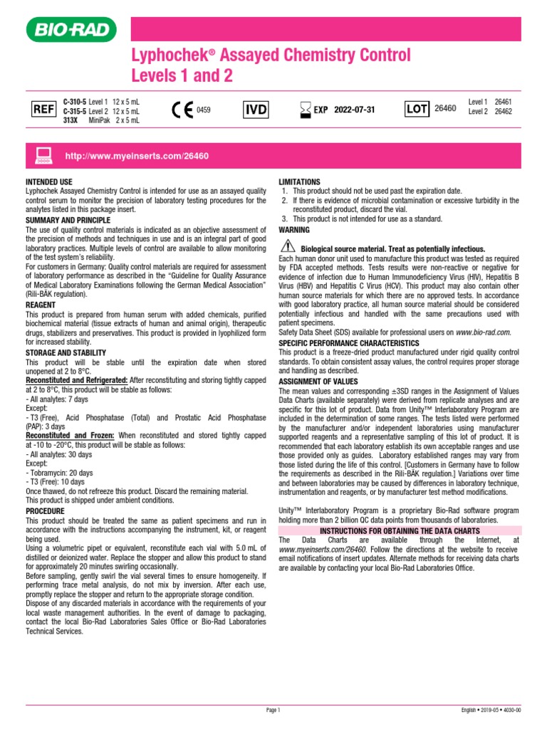 Biorad Lyphocheck Package Leaflet 26460 | PDF | Assay | Infection