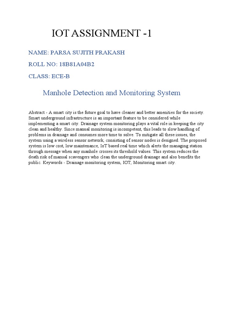 Iot Assignment - 1: Manhole Detection and Monitoring System | Download ...