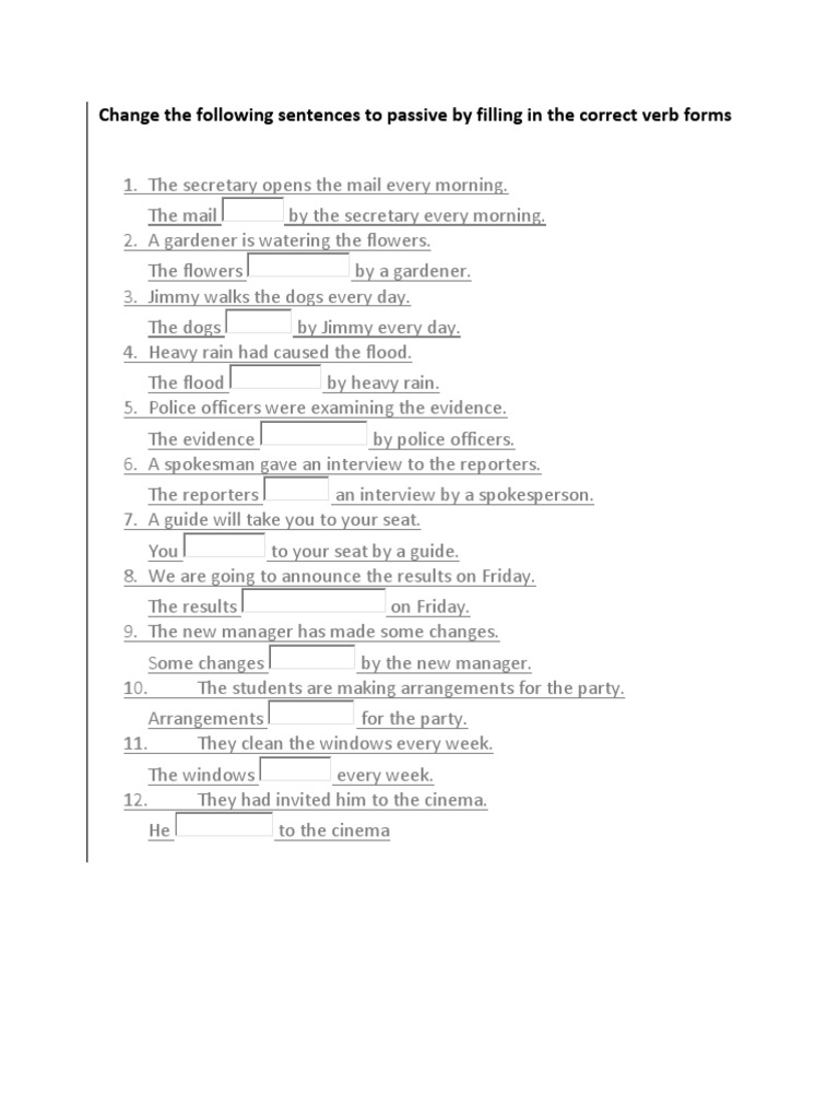Change The Following Sentences To Passive by Filling in The Correct ...