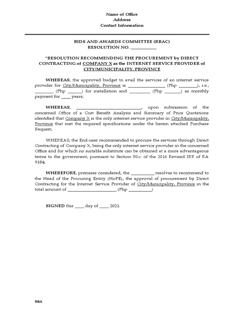 Sample - Direct Contracting Resolution | PDF