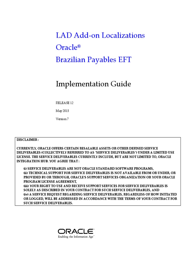 LAD Add-On Localizations Oracle Brazilian Payables EFT: Implementation Guide | PDF | Invoice ...