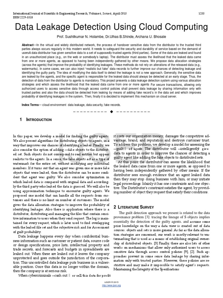 Ijser: Data Leakage Detection Using Cloud Computing | PDF | Cloud Computing | Computing