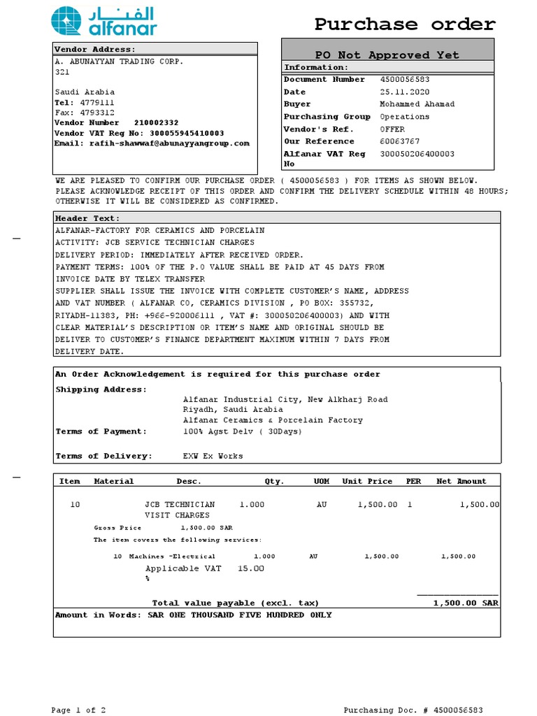 Purchase Order: PO Not Approved Yet | PDF | Invoice | Value Added Tax