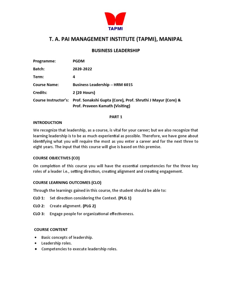 Business Leadership Course Outline | PDF | Leadership | Cognition