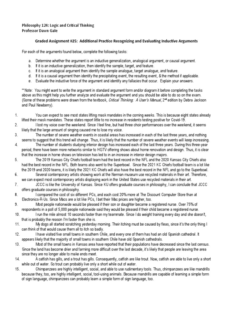 124 Graded Assignment - 25 Additional Practice Recognizing and Evaluating Inductive Arguments ...